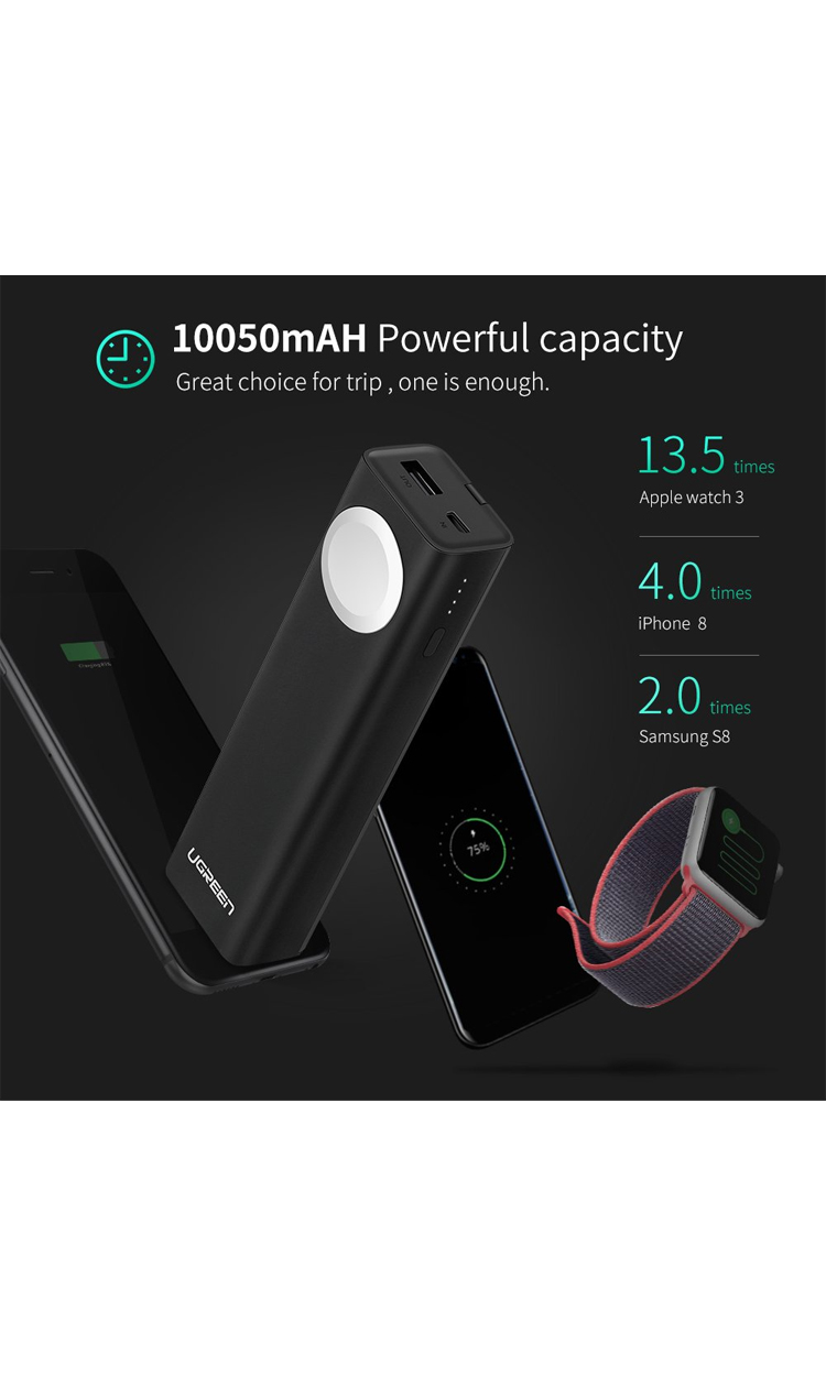 EasypayKw | يوجرين باور بانك بسعة 10.050 مللي أمبير مع شاحن مغناطيسي لساعة أبل باللون الأسود