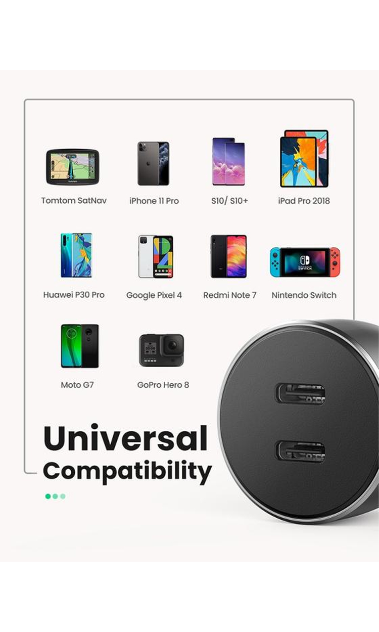 EasypayKw | شاحن سيارة يو اس بي سي من الألومنيوم بقوة 40 وات وشحن سريع مزدوج ، ماركة يوجرين